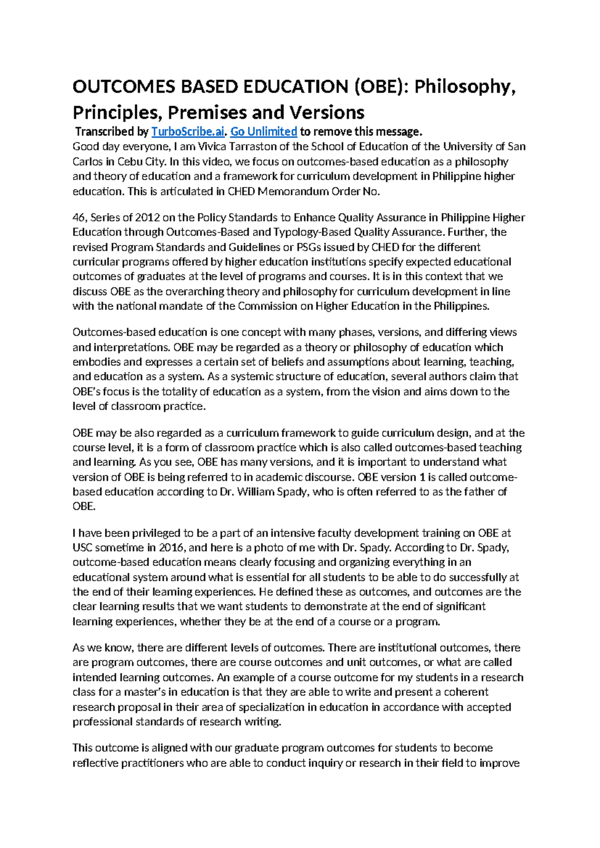 Outcomes Based Education (OBE) Philosophy, Principles, Premises and ...