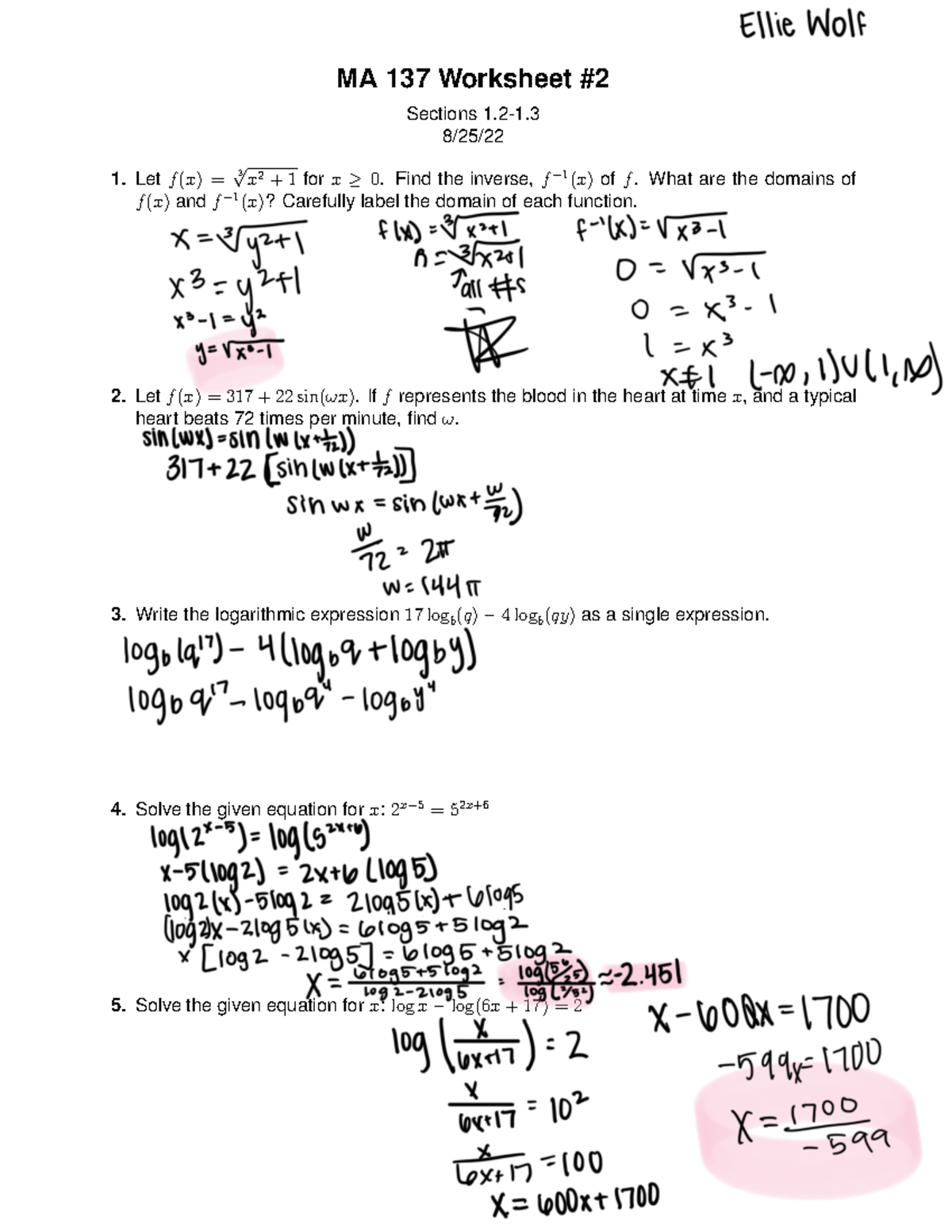 Worksheet 2 - recitation - MA 137 Worksheet Sections 1-1. 8/25/ Let f ...