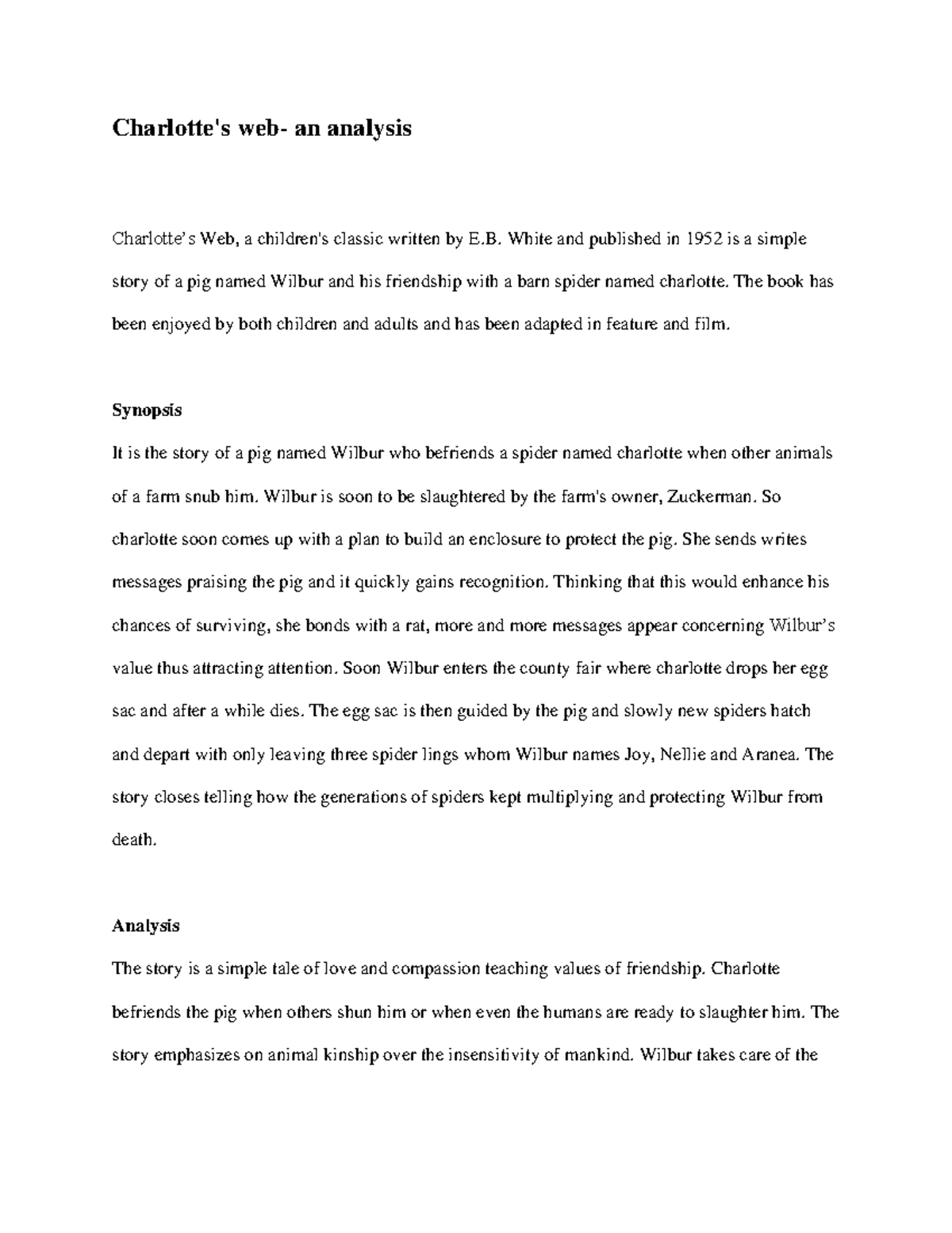 Assignment charolttes web essay - Charlotte's web- an analysis ...