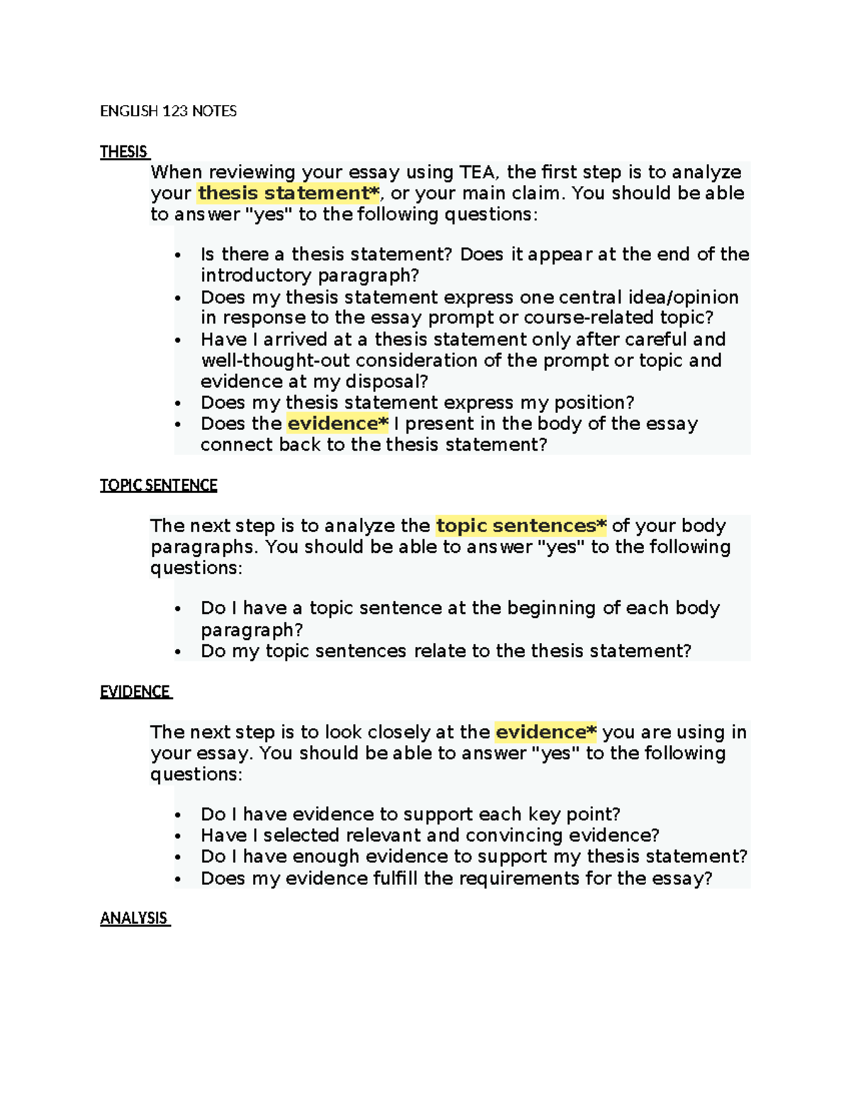 English 123 Notes - Good! - ENGLISH 123 NOTES THESIS When reviewing ...