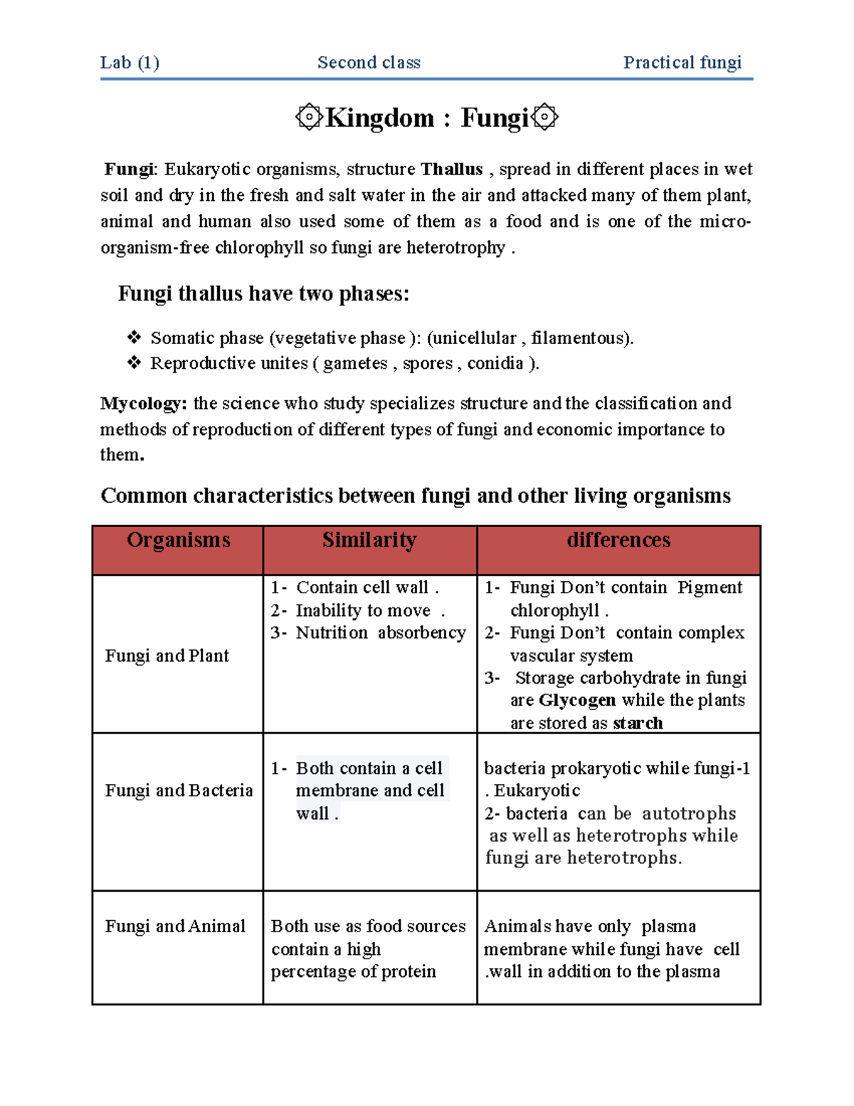 Lab 1 ( fungi) kingdom fungi - ۞Kingdom : Fungi۞ Fungi: Eukaryotic ...