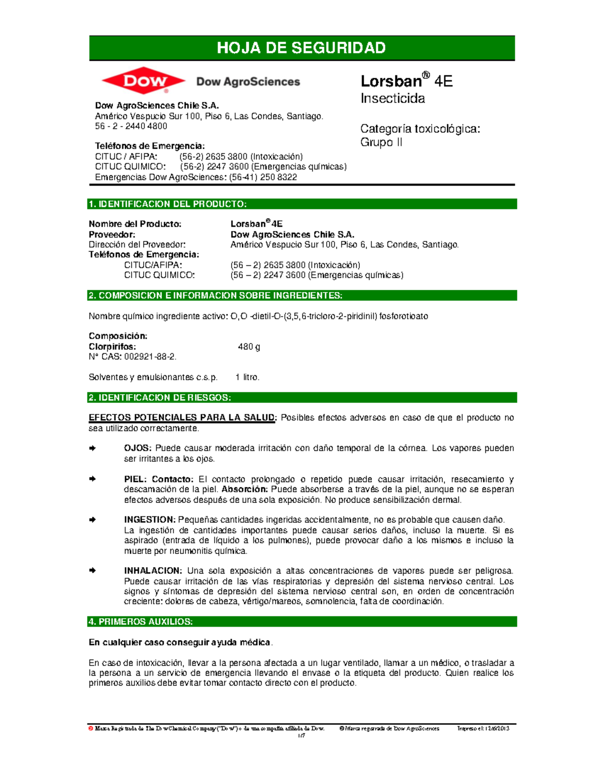 Lorsban 4E - msds - Lorsban ® 4E Insecticida Categoría toxicológica ...