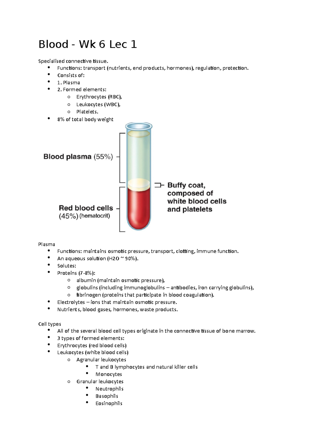 Blood lecture - Blood - Wk 6 Lec 1 Specialised connective tissue ...