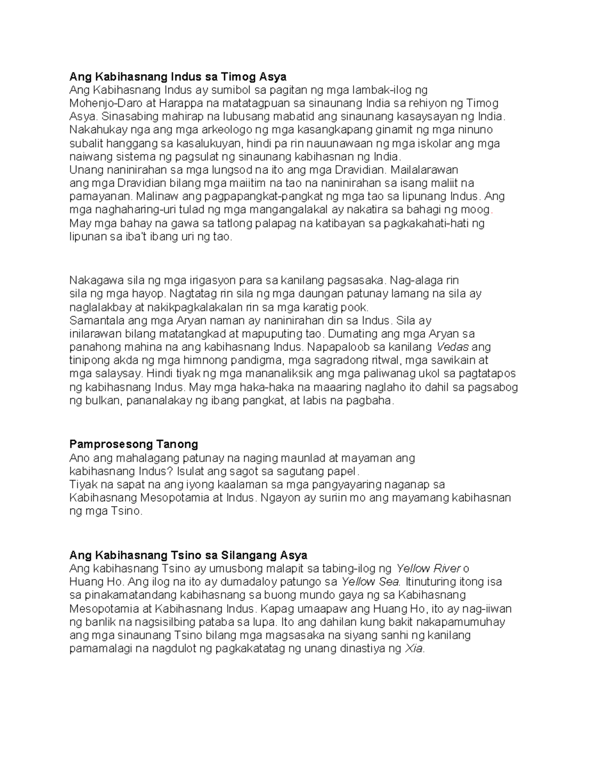 Ang Kabihasnang Indus sa Timog Asya, Tsina at Egypt - Ang Kabihasnang ...