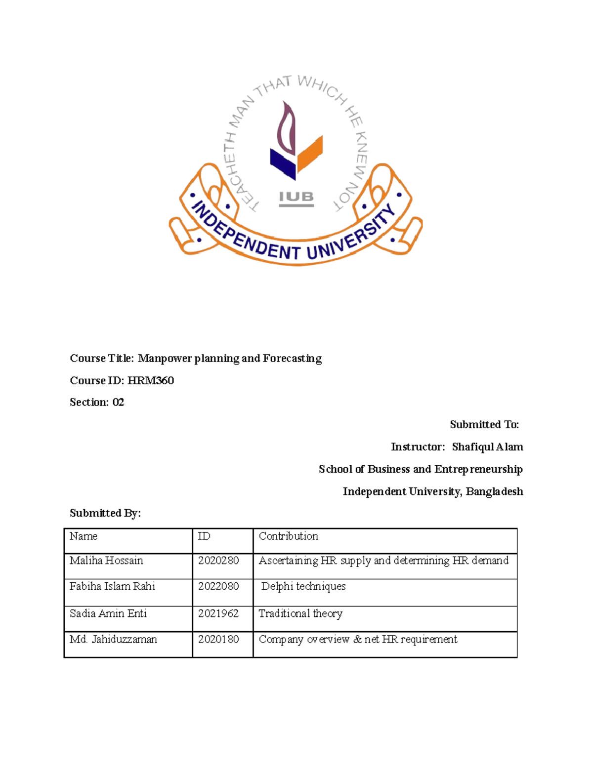 Hr360-final-report - hrm - Course Title: Manpower planning and ...