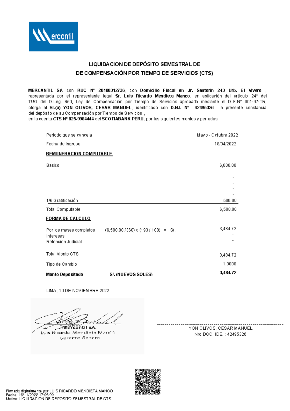 Liquidacion DE Deposito Semestral DE CTS 05 2022 - 10 2022 - LIQUIDACION DE DEPÓSITO SEMESTRAL ...
