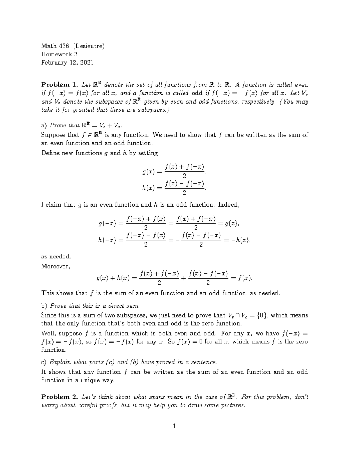 Direct Sum on Functions Groups - Math 436 (Lesieutre) Homework 3 ...