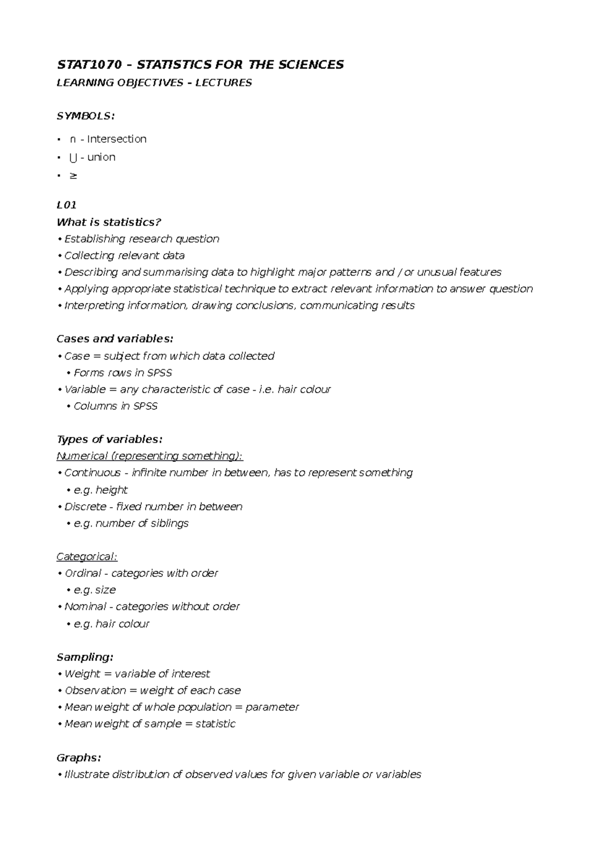 STAT1070 Lecture Summaries - STAT1070 - STATISTICS FOR THE SCIENCES LEARNING OBJECTIVES ...