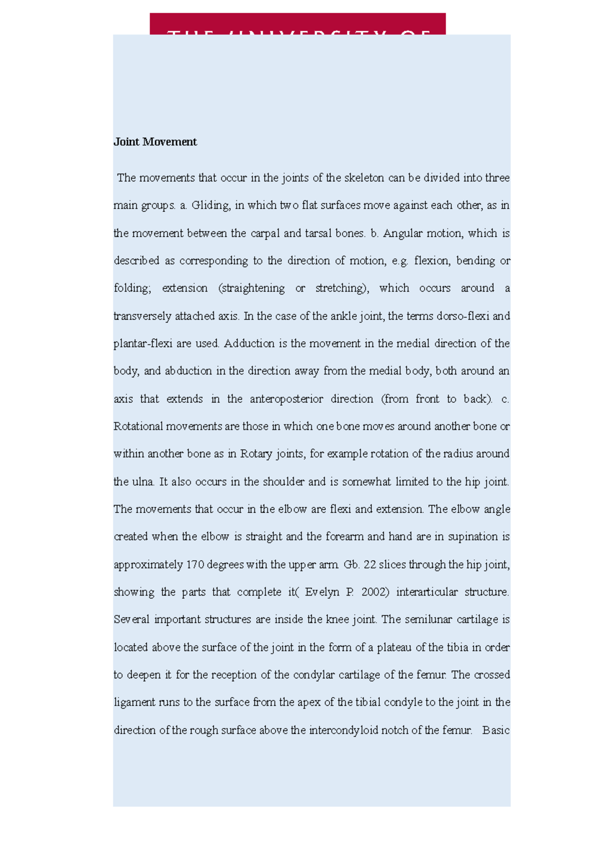 Notes Biology - Joint Movement - Joint Movement The movements that ...