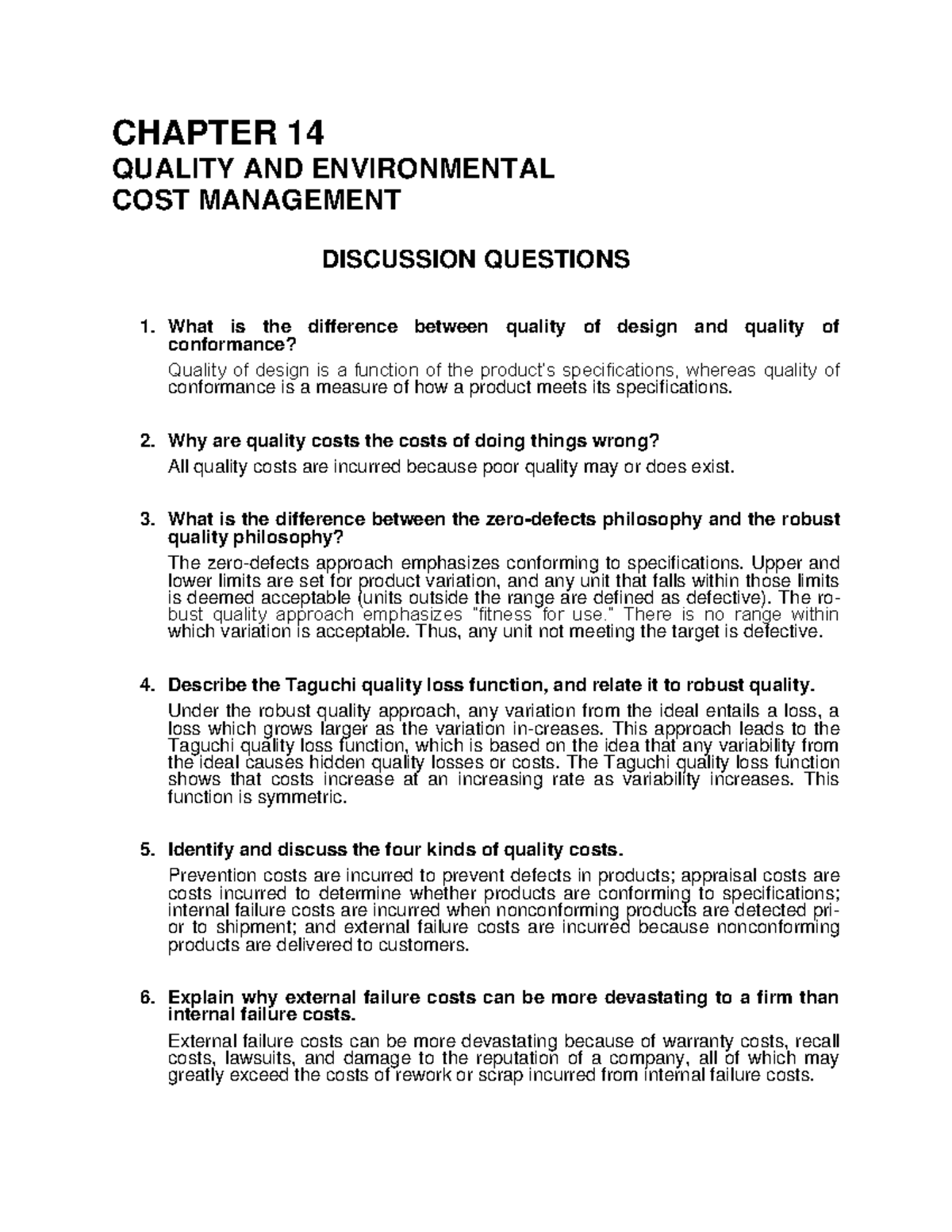 BED - Chpater 9 (Quality and Environmental Cost Management) - CHAPTER 14 QUALITY AND ...