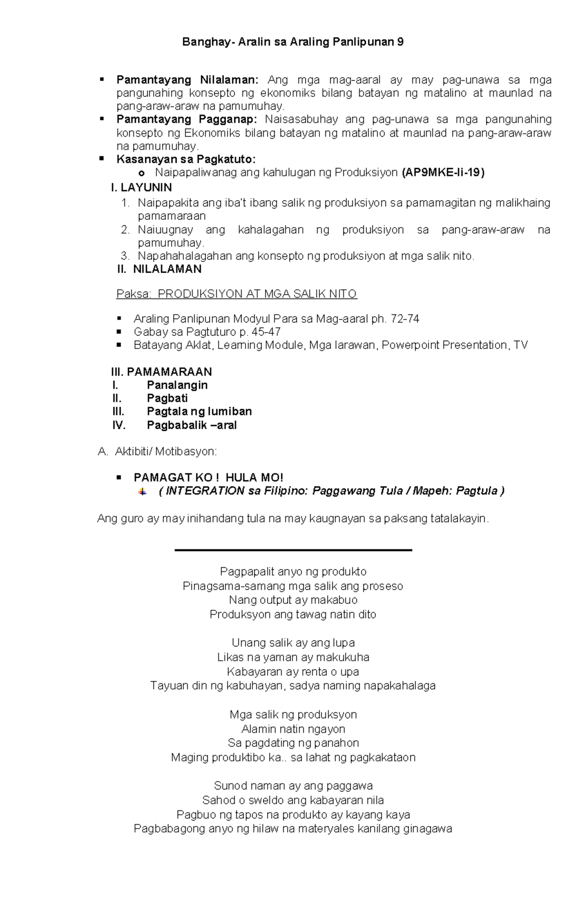 Mga Salik na produksyon sa aralin 9 - Banghay- Aralin sa Araling Panlipunan 9 Pamantayang - Studocu