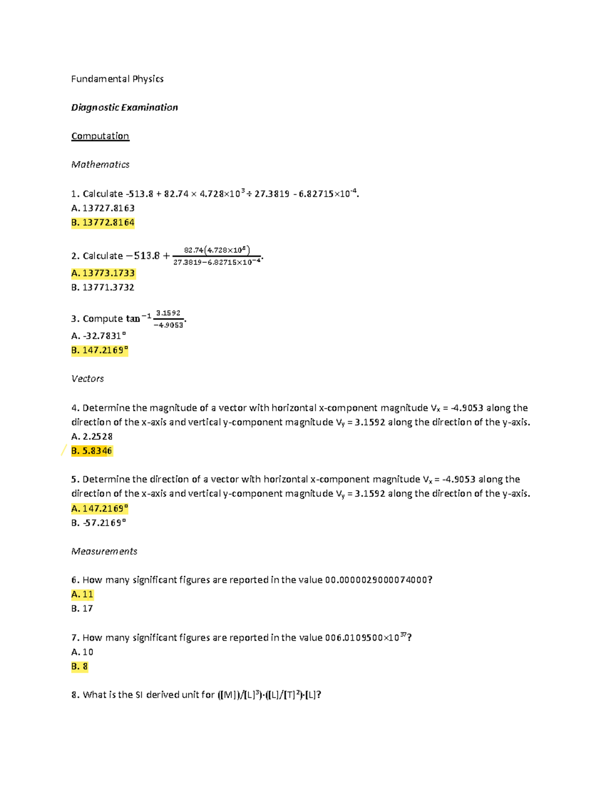 (with key) Physics Diagnostic Examination - Fundamental Physics ...