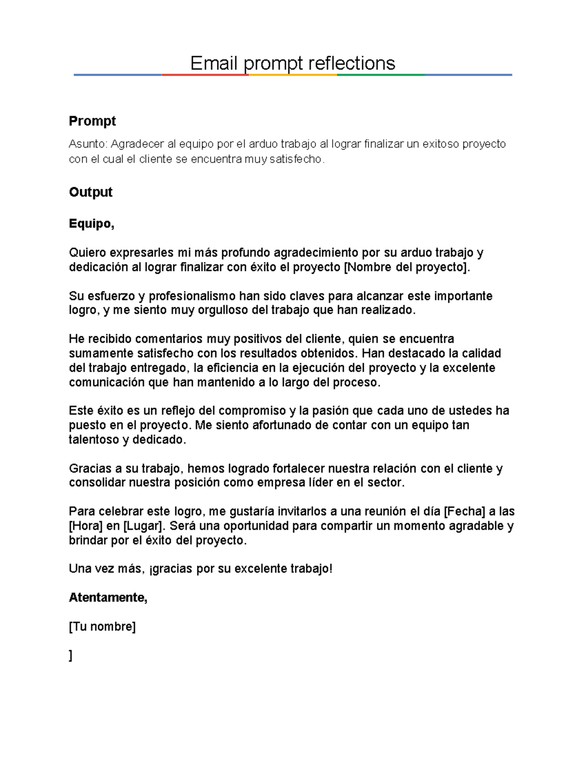 Email prompt reflections - Email prompt reflections Prompt Asunto: Agradecer al equipo por el ...