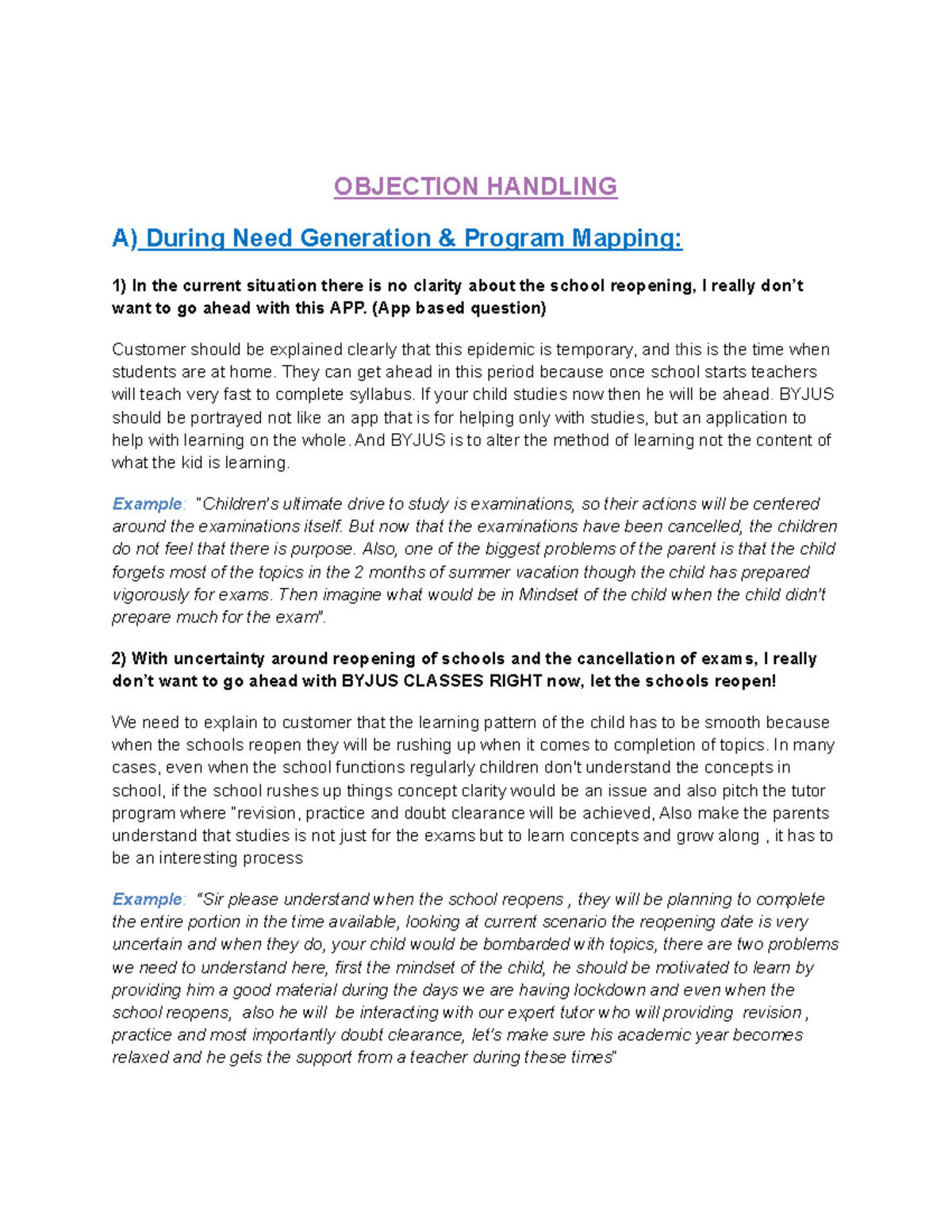 Objection Handling - OBJECTION HANDLING A) During Need Generation ...