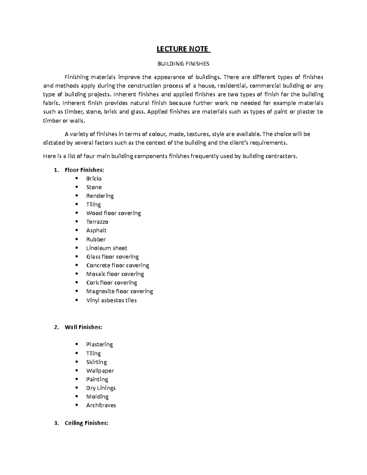 Lecture NOTE- Building Finishes - LECTURE NOTE BUILDING FINISHES ...