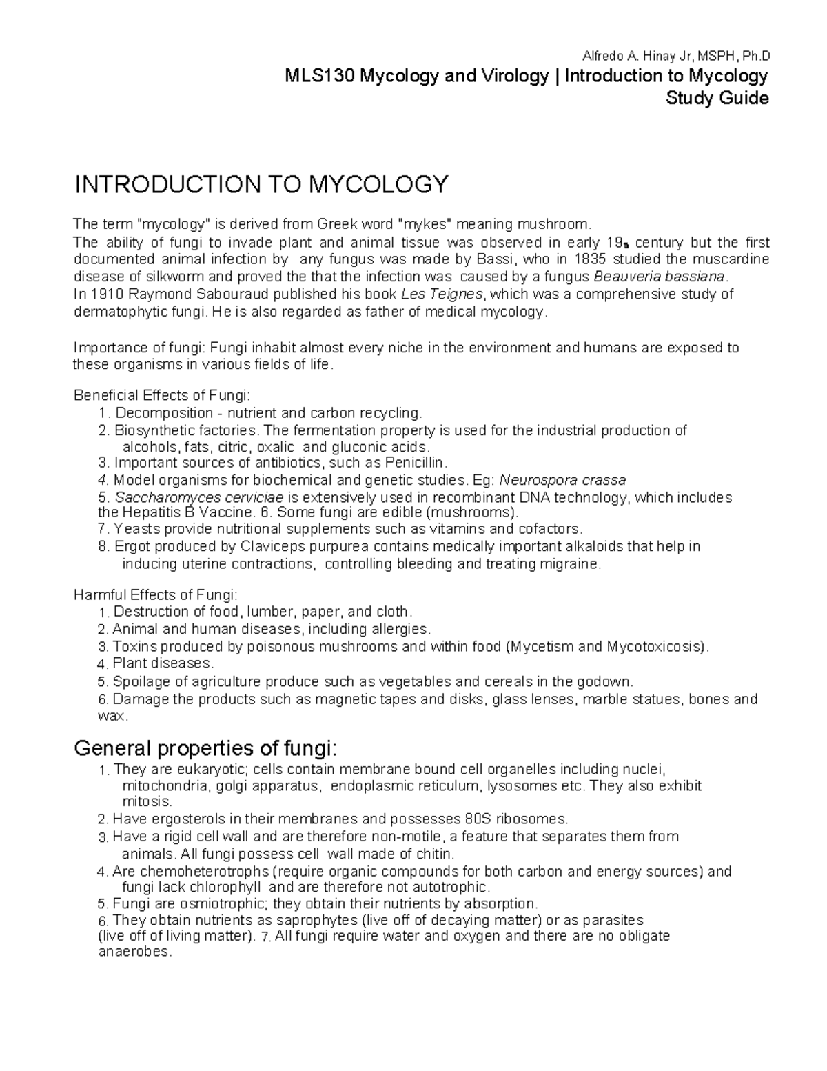 Study Guide 1- Introduction TO Mycology - Alfredo A. Hinay Jr, MSPH, Ph MLS130 Mycology and ...