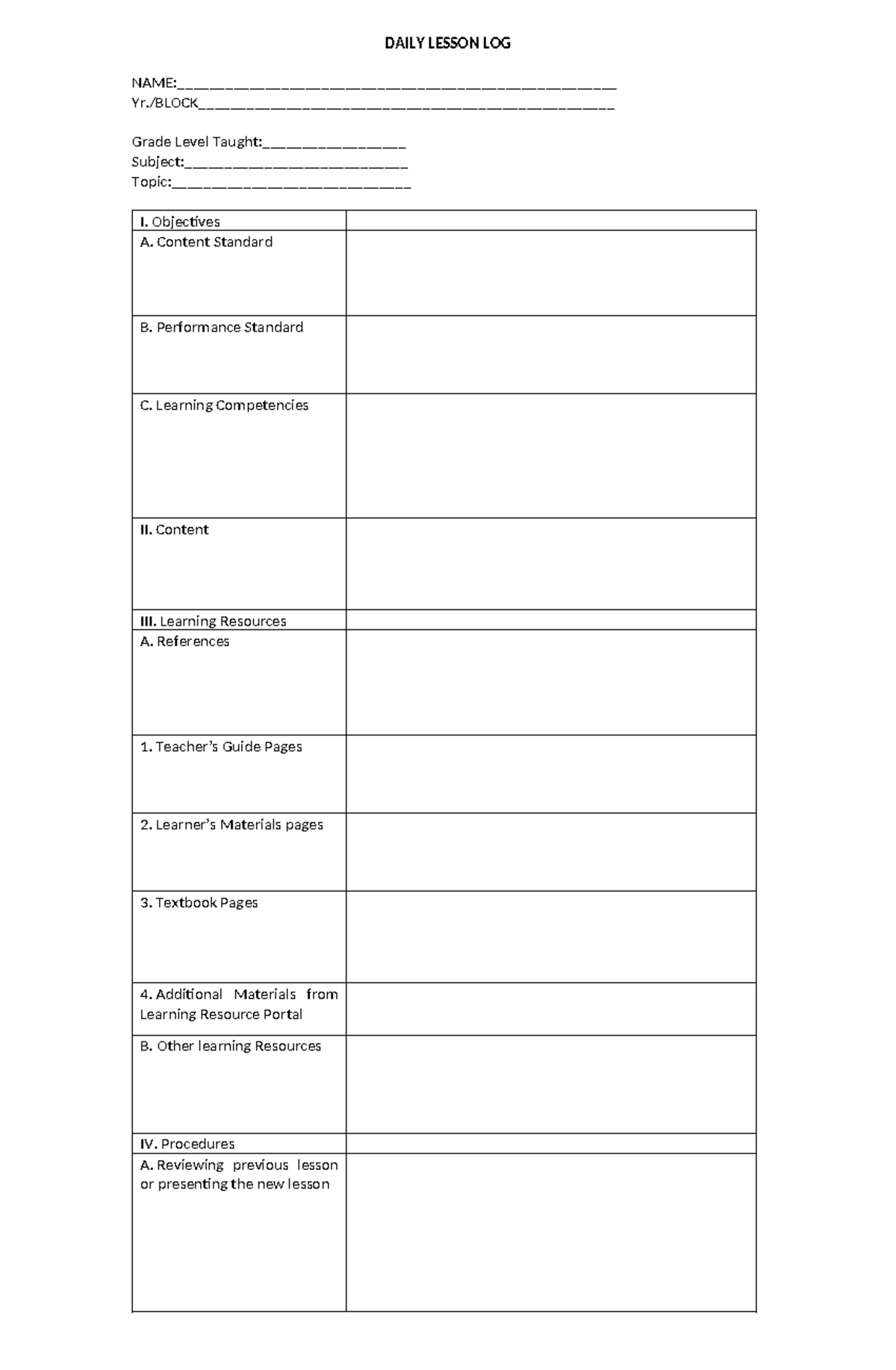 Daily Lesson LOG format - DAILY LESSON LOG - Studocu