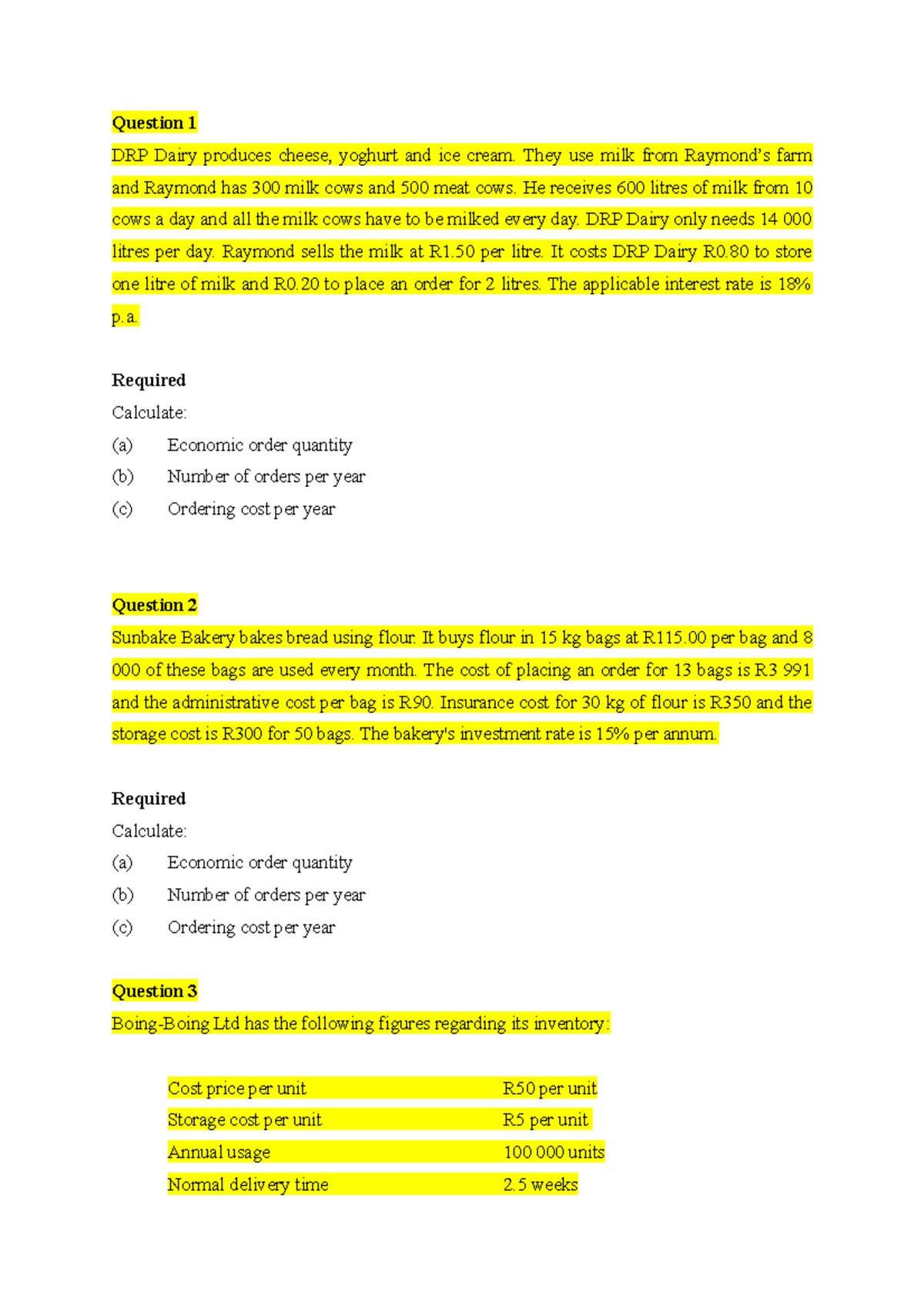 Materials and inventory control questions - Question 1 DRP Dairy ...