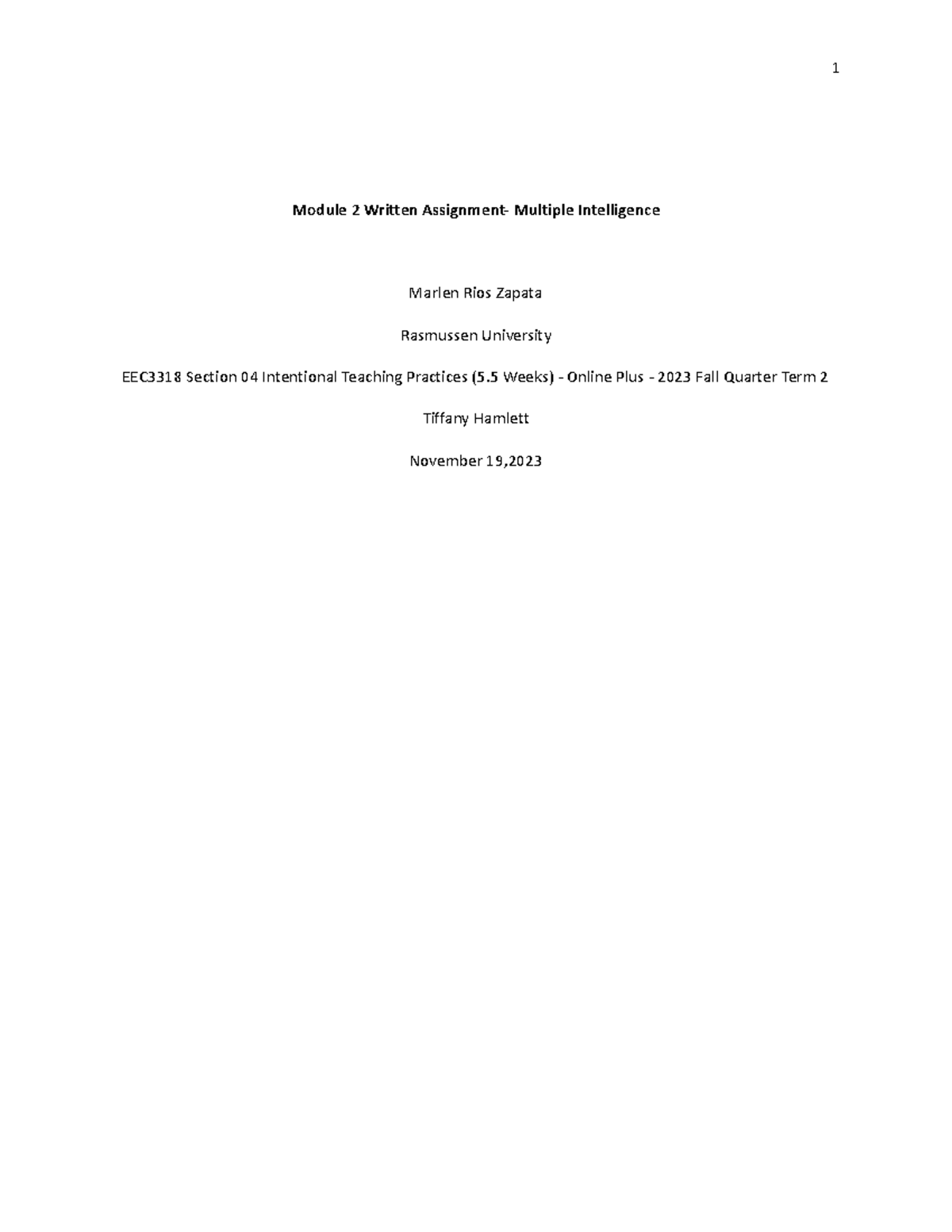 Multiple Intelligence - Module 2 Written Assignment- Multiple Intelligence Marlen Rios Zapata ...