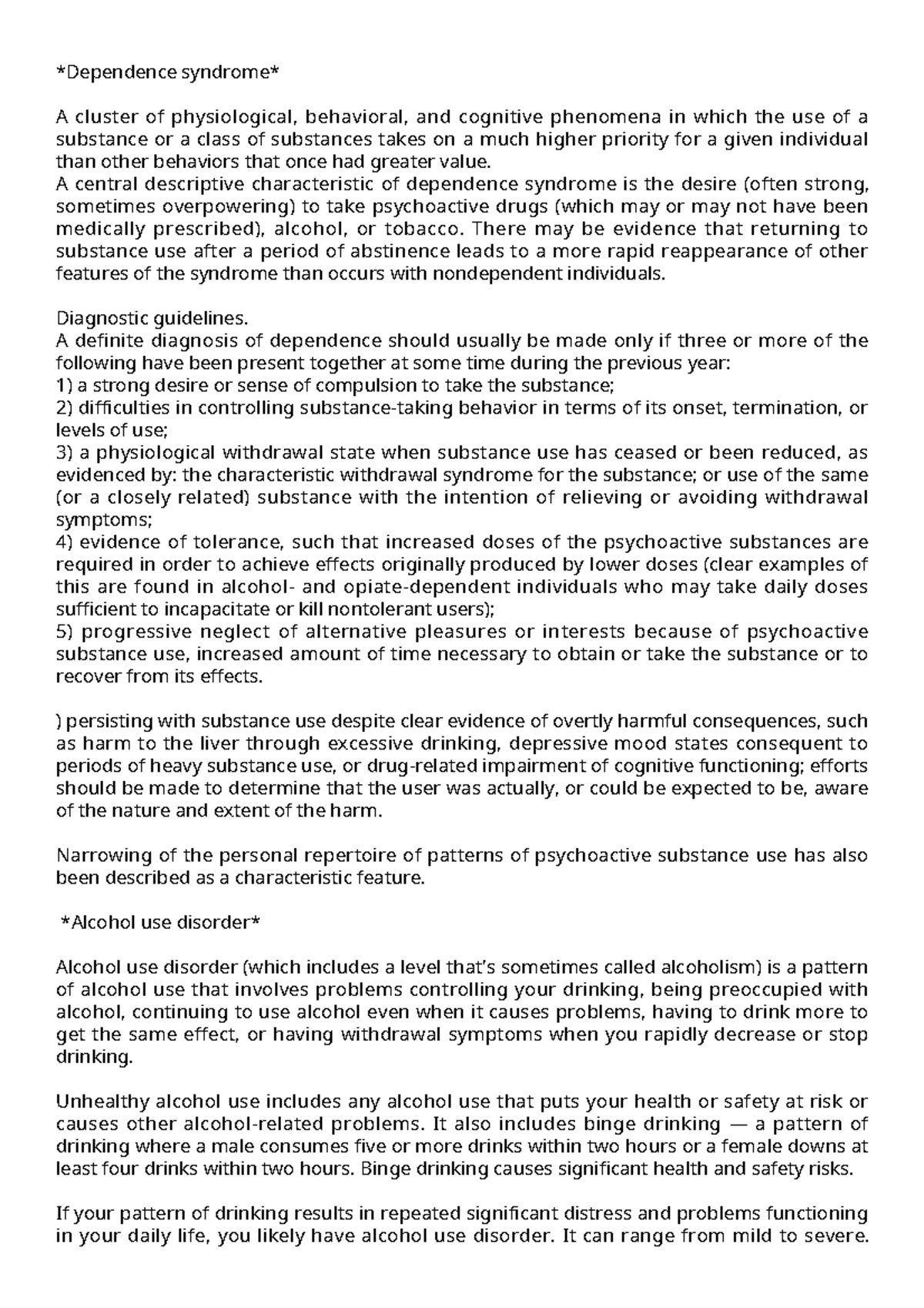 Dependance syndrome and Alcohol use disorder - Dependence syndrome A ...