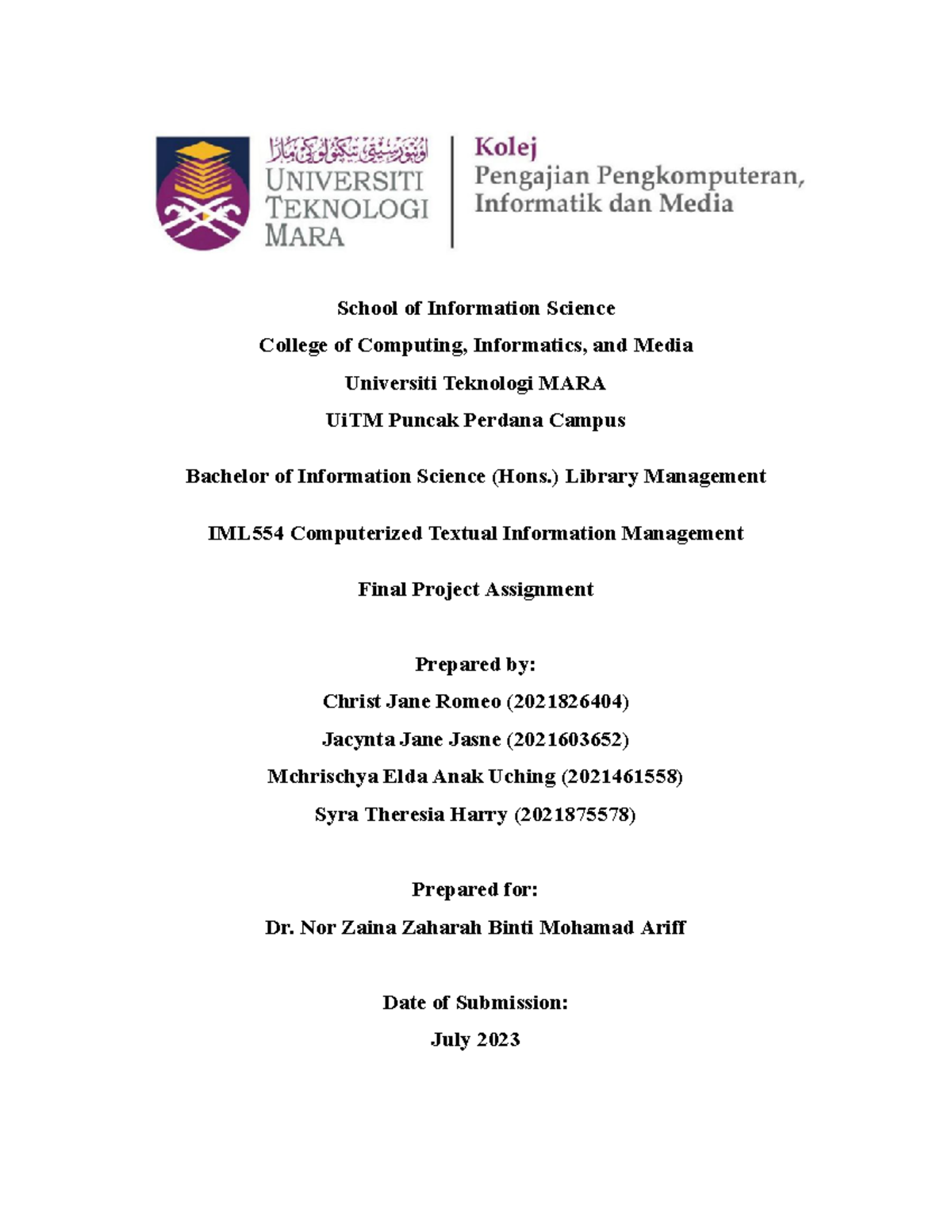 IML554 Final Project Assignment Report Bibliotheca Public Library IM244 4ST2 - School of ...