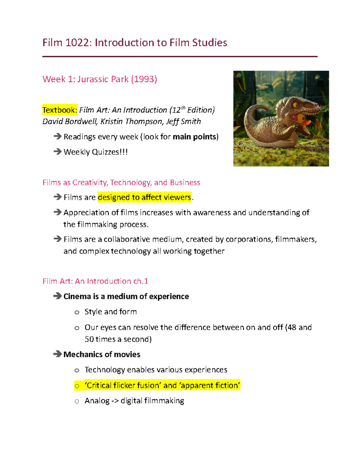 Week 1 - Jurassic Park - Watched the first lecture and made notes ...
