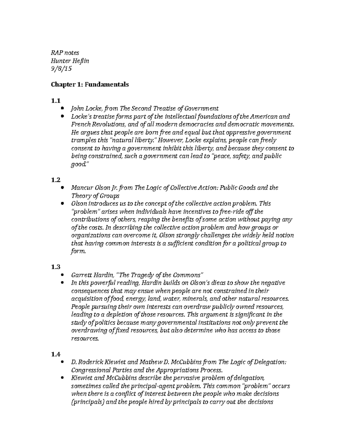 RAP notes - Summary Readings in American Politics - RAP notes Hunter ...