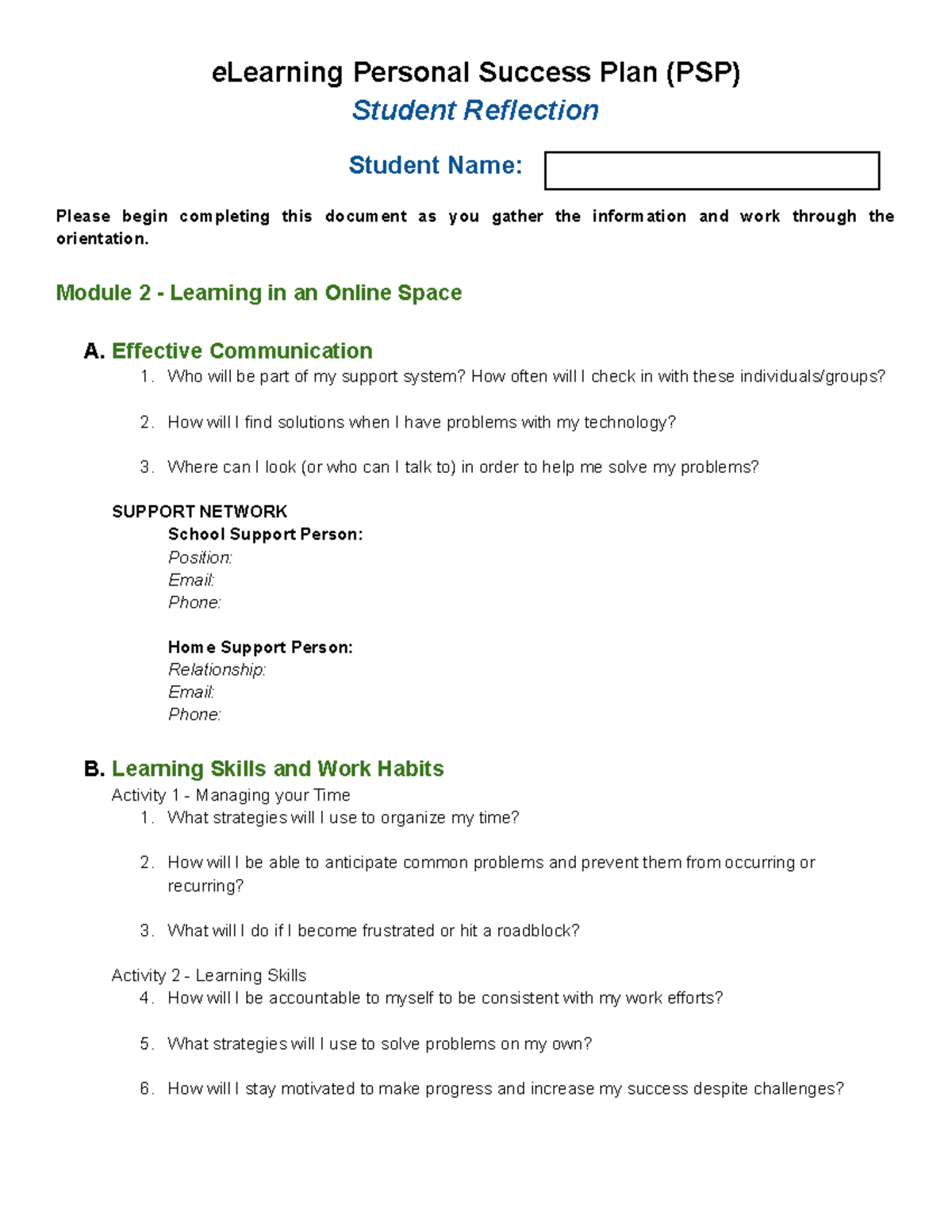 2020 2021 PSP Student Orientation - eLearning Personal Success Plan ...