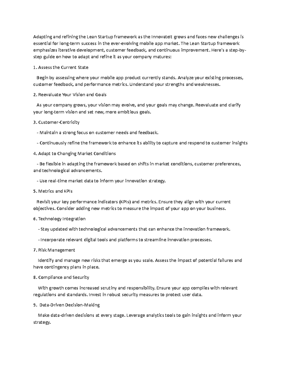 Adapting And Refining The Lean Startup Framework As The Innovate It Grows And Faces New