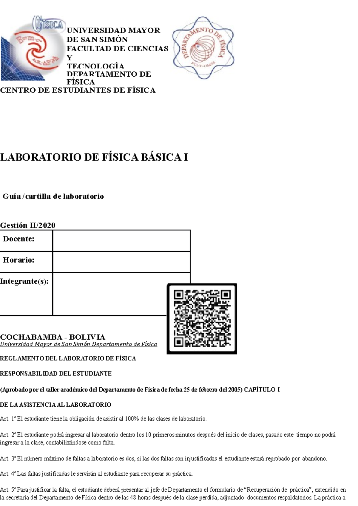 GUIA Fisica I - UNIVERSIDAD MAYOR DE SAN SIMÓN FACULTAD DE CIENCIAS Y TECNOLOGÍA DEPARTAMENTO DE ...