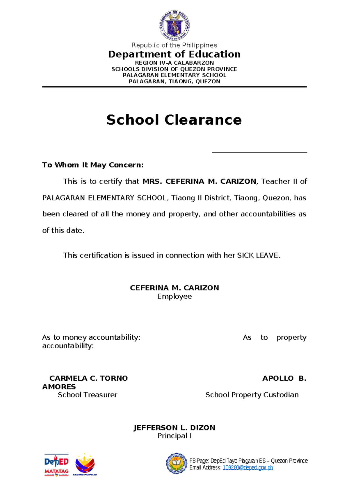 Clearance - FB Page: DepEd Tayo Plagaran ES – Quezon Province Email ...