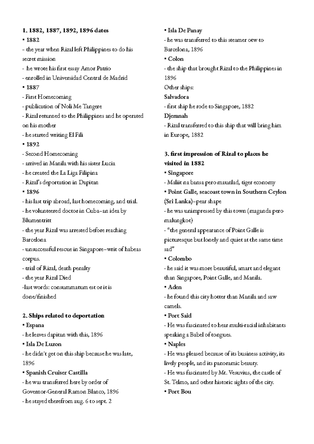 LWR- Reviewer - 1882, 1887, 1892, 1896 dates 1882 the year when Rizal ...