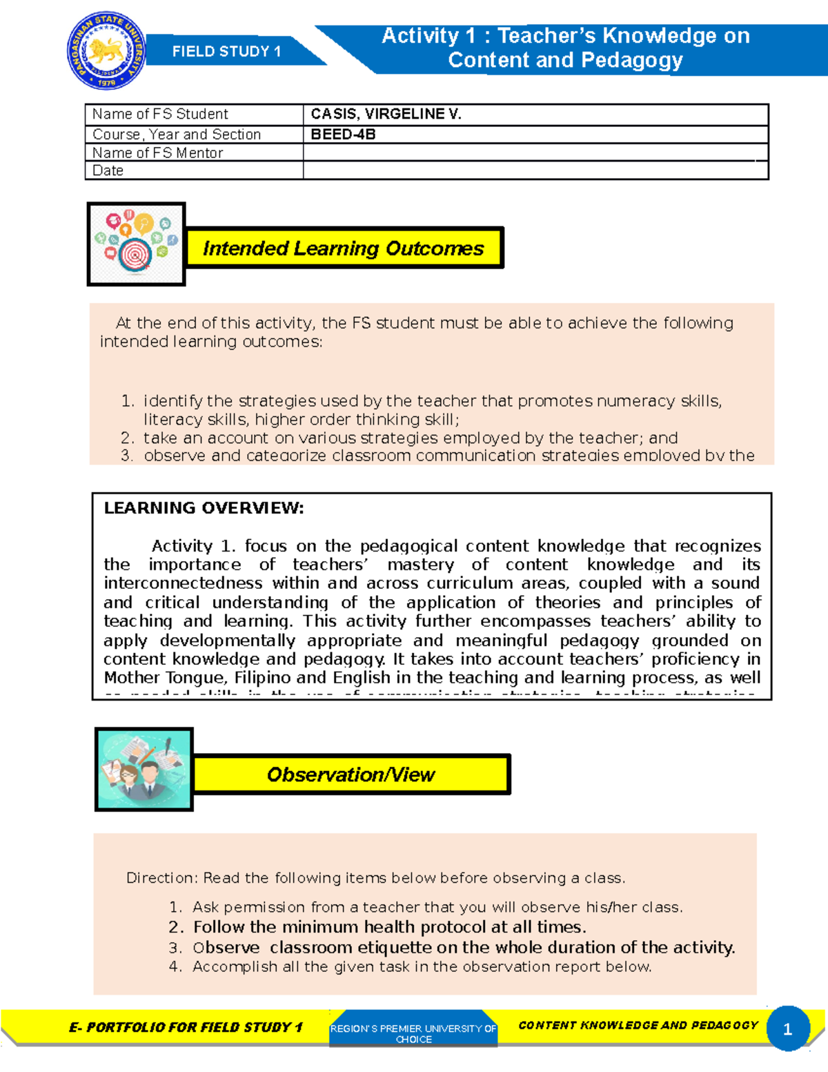 FS1-Activity-1 - fs1 - ####### FIELD STUDY 1 E- PORTFOLIO FOR FIELD ...