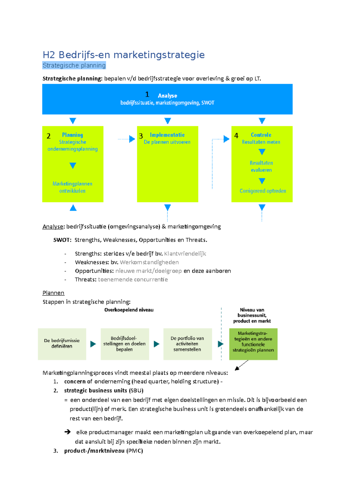 Marketing H2 - H2 Bedrijfs-en marketingstrategie Strategische planning ...