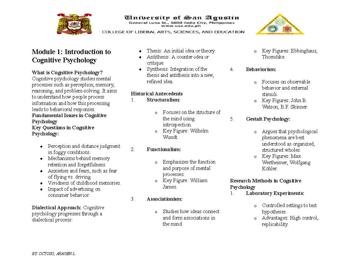 Cognitive Psychology reviewer (M1-6) - Module 1: Introduction to ...