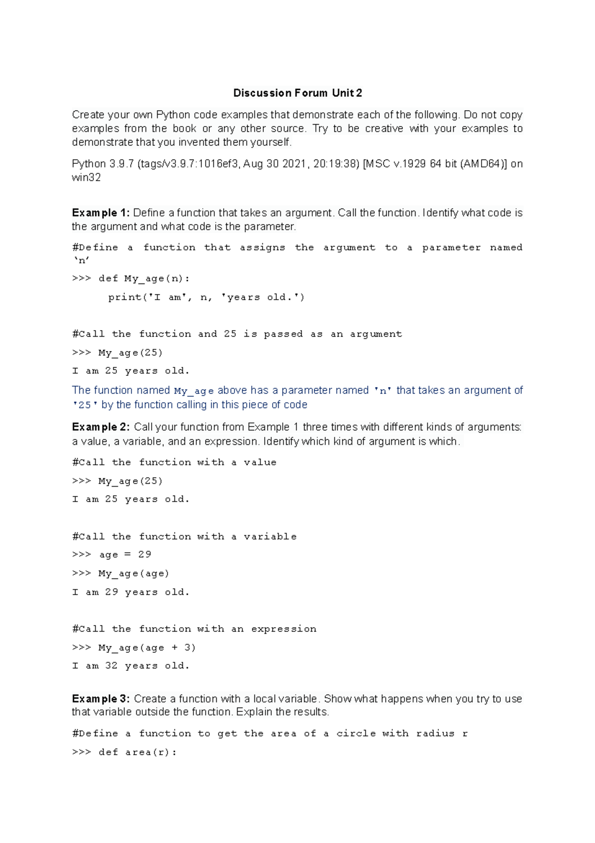 Discussion Forum Unit 2 - Do not copy examples from the book or any ...