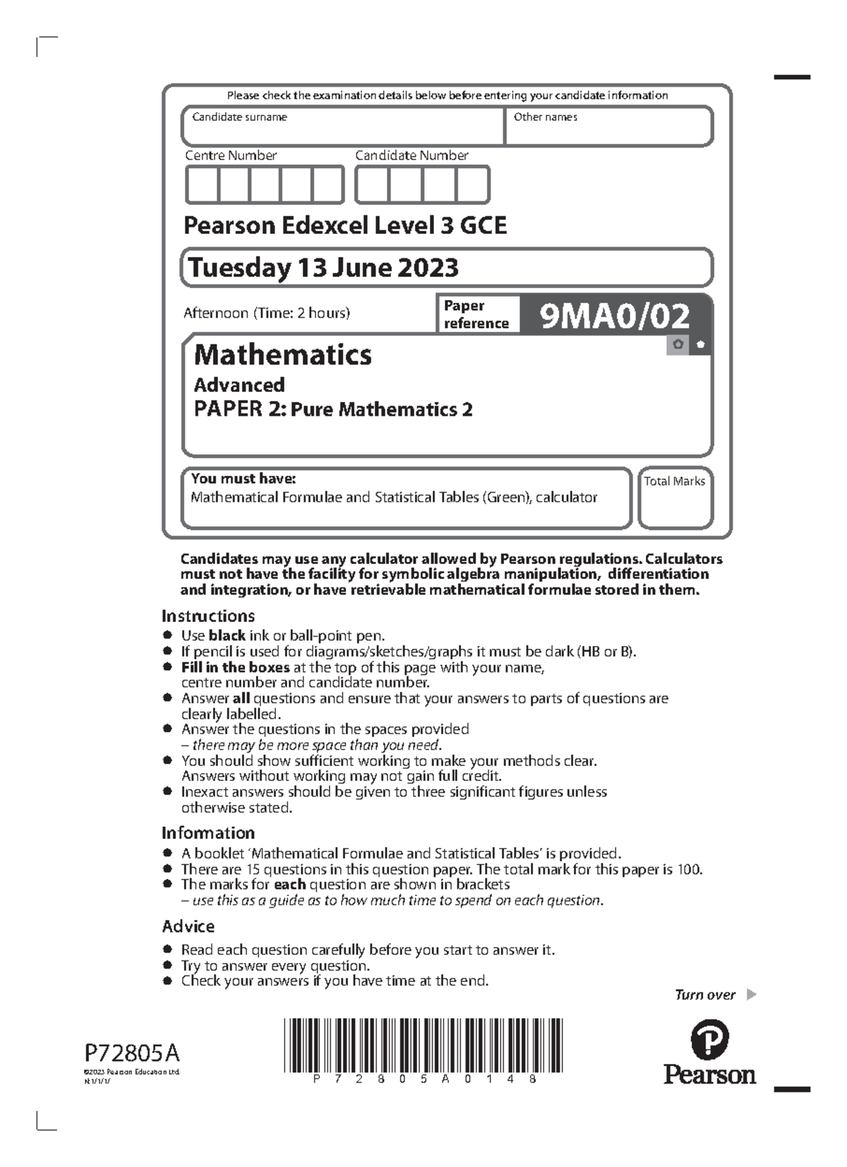 A level pure 2 2023 - P72805A0148 Turn over P72805A ©2023 Pearson ...