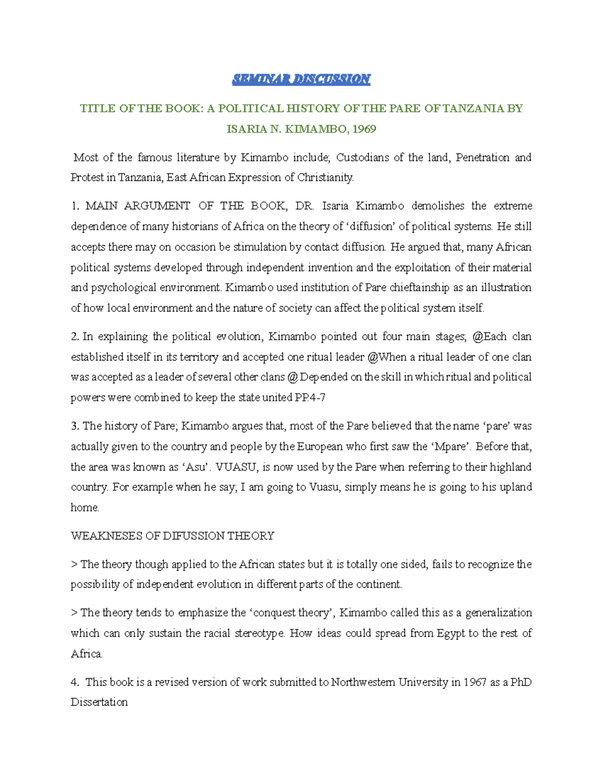 Seminar Discussion HI 368 - TITLE OF THE BOOK: A POLITICAL HISTORY OF ...