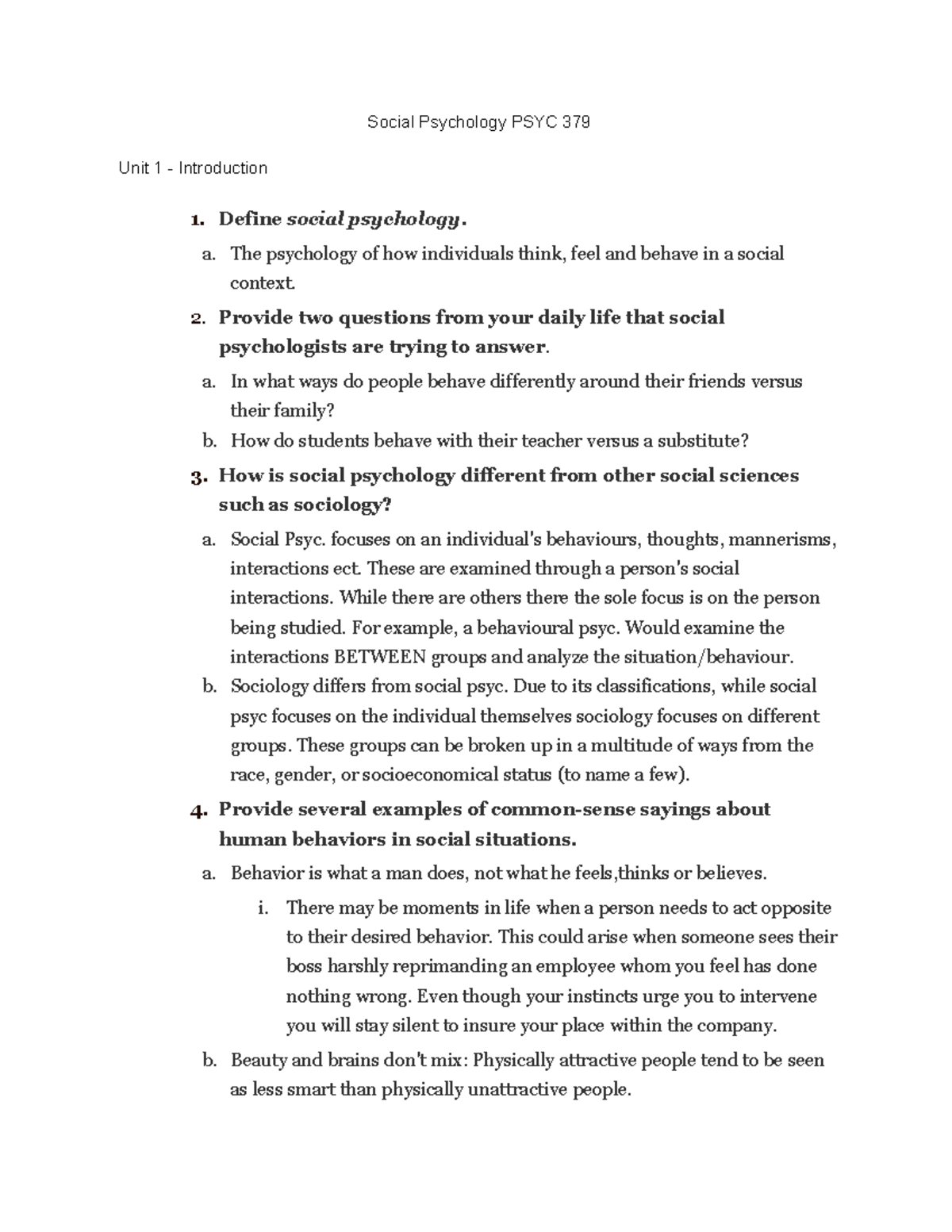 PSYC 379 unit one answers - Social Psychology PSYC 379 Unit 1 ...