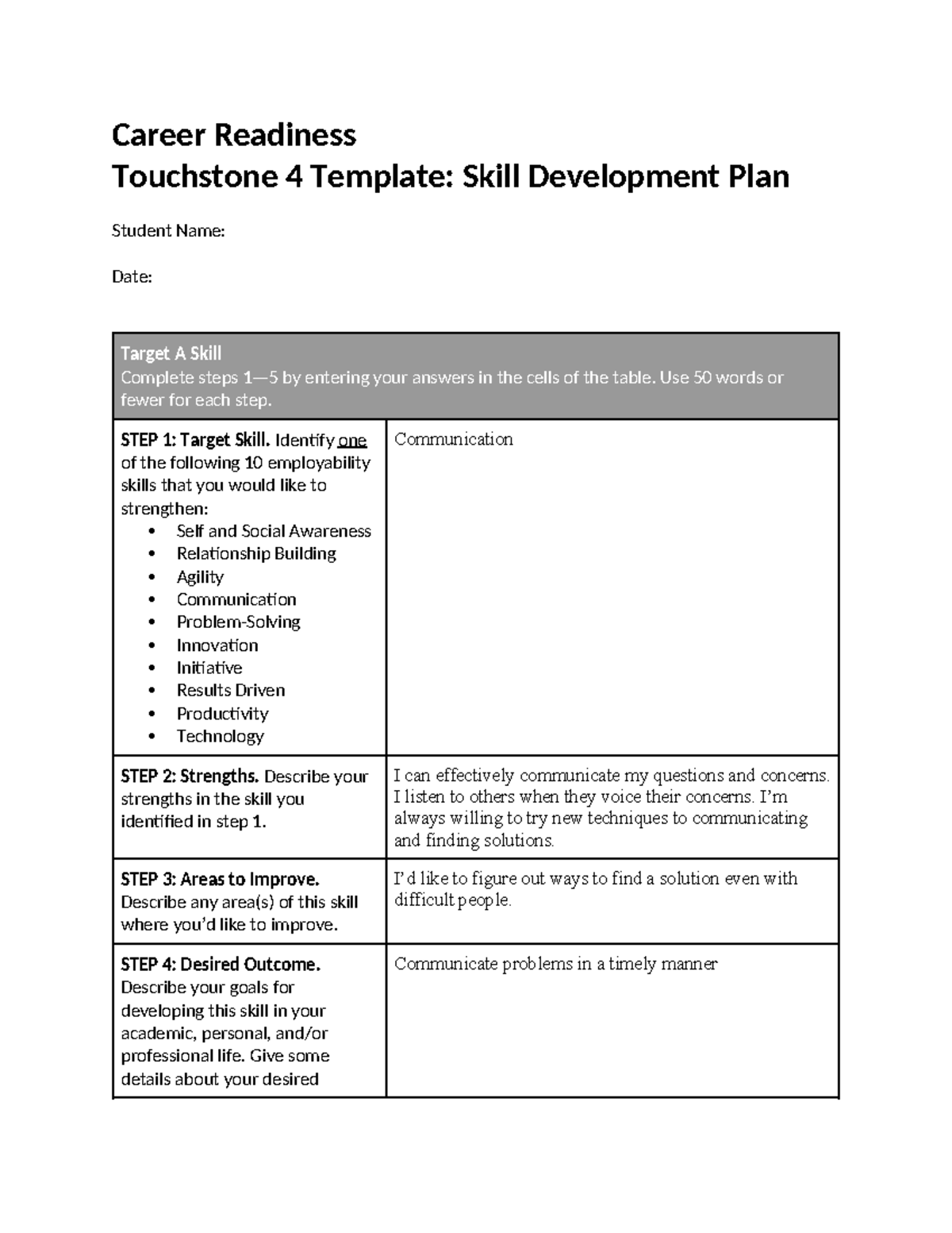 Career Readiness Touchstone 4 Template - Use 50 words or fewer for each ...