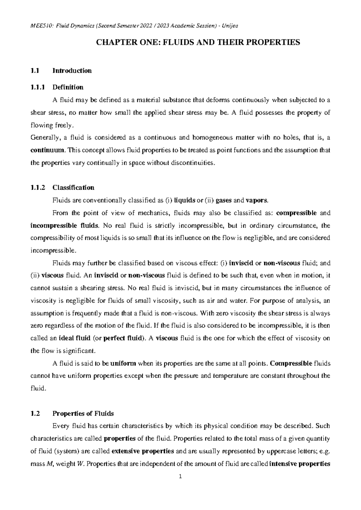 Chapter 1 MEE510 - CHAPTER ONE: FLUIDS AND THEIR PROPERTIES 1 ...