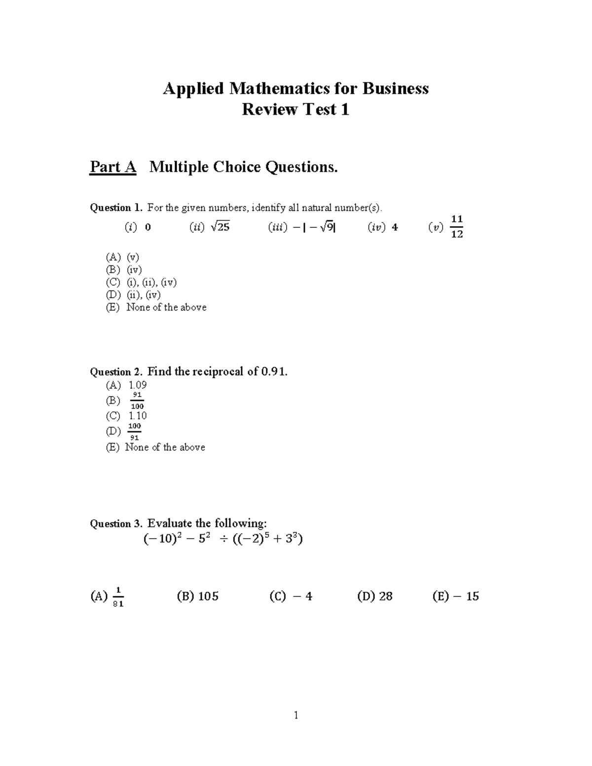 Review Test 1 - Applied Mathematics for Business Review Test 1 Part A ...