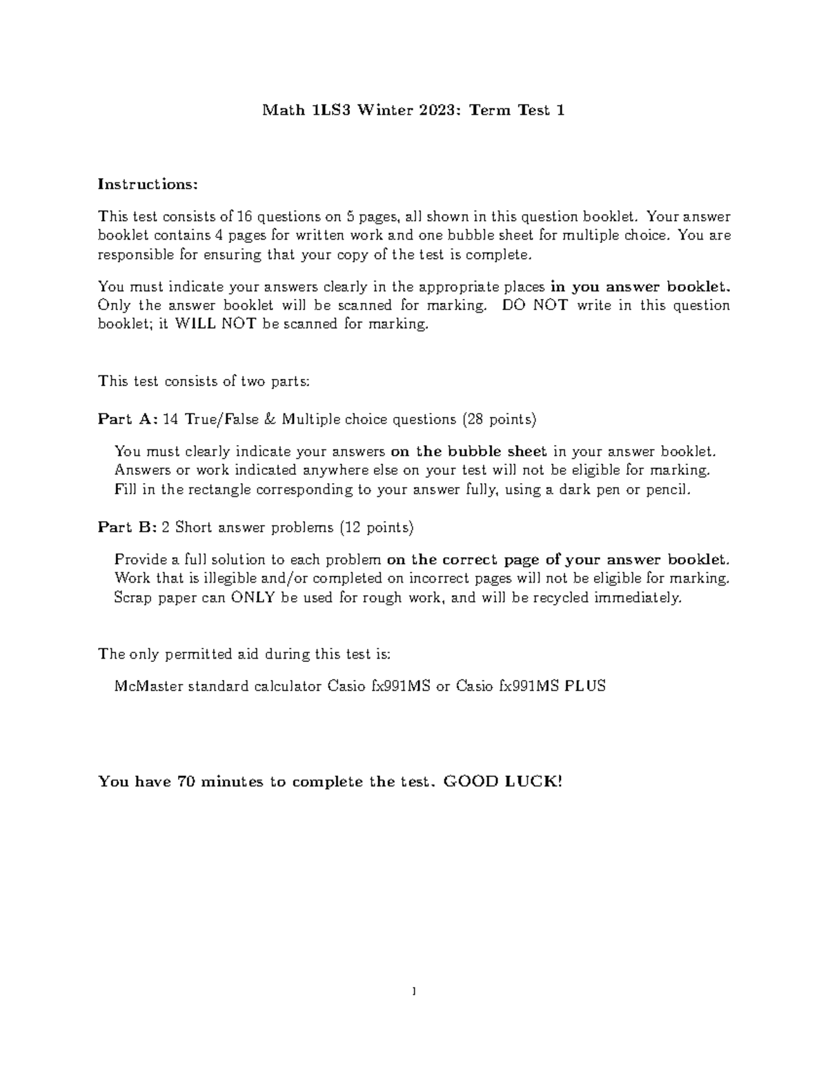 1LS3 W23Test1 Question Booklet - Math 1LS3 Winter 2023: Term Test 1 ...