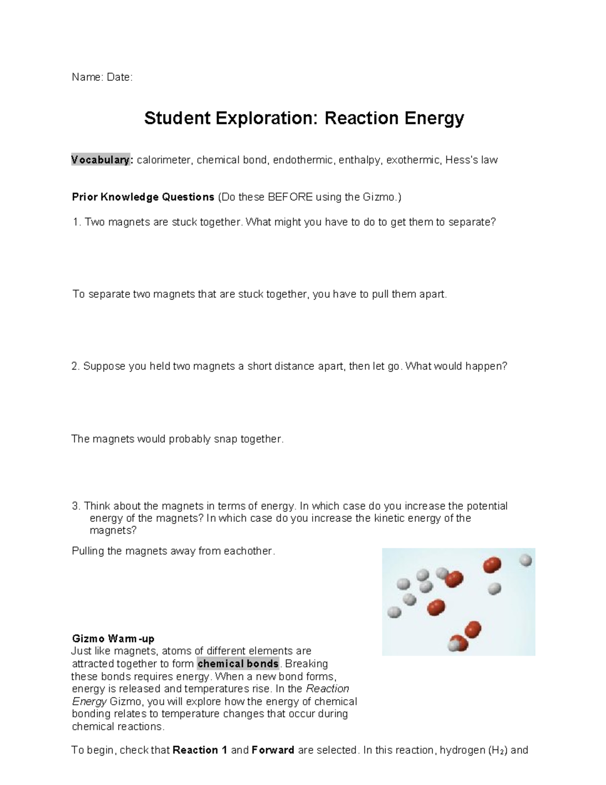 Chm Lab 4.1 Reaction Energies ( Gizmo ) - Name: Date: Student ...