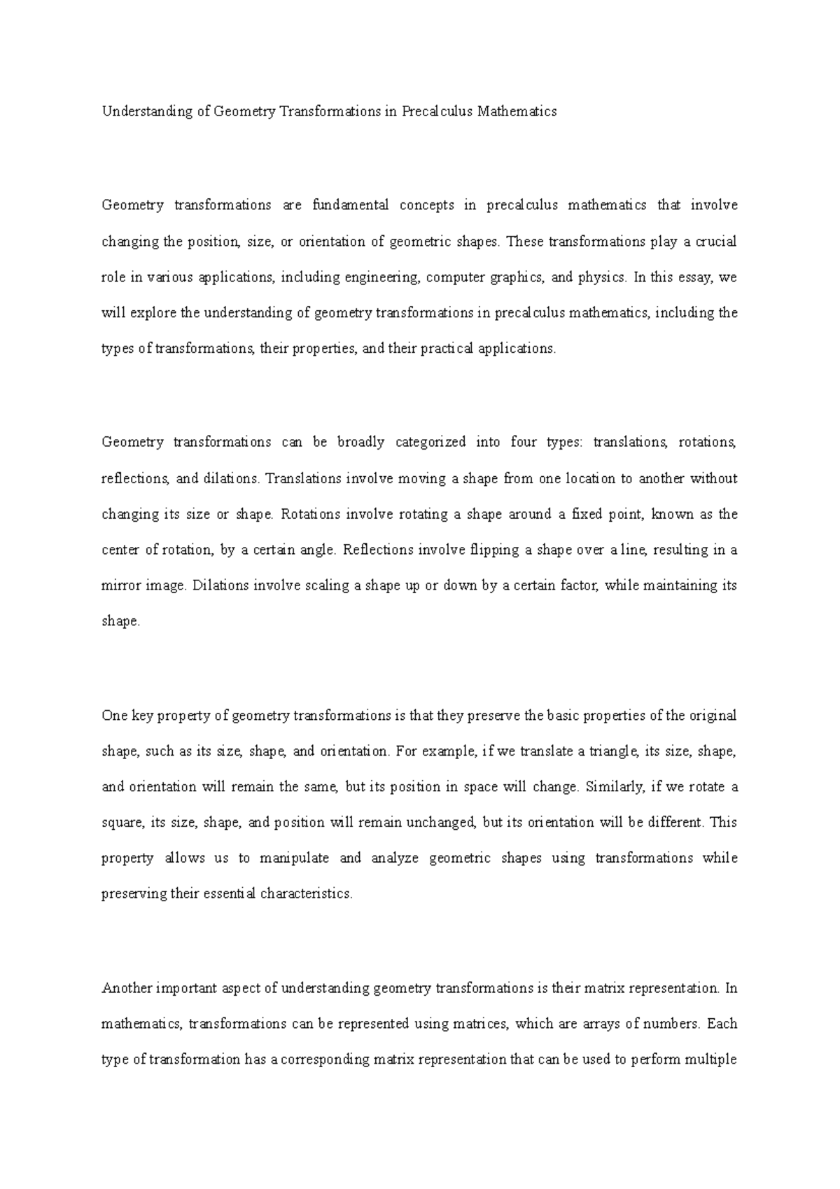 Understanding Of Geometry Transformations In Precalculus Mathematics These Transformations
