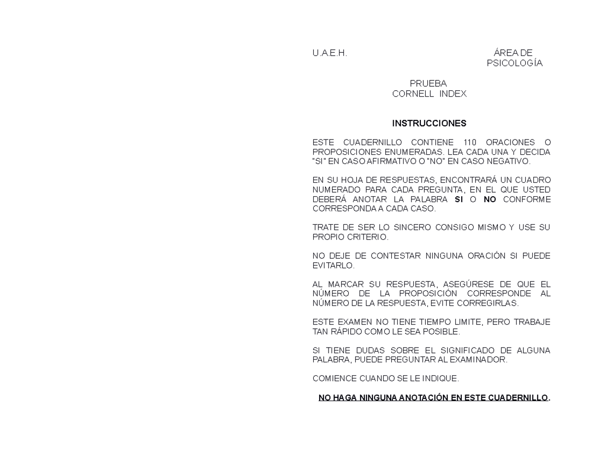 Cornell - U.A.E. ÁREA DE PSICOLOGÍA PRUEBA CORNELL INDEX INSTRUCCIONES ...