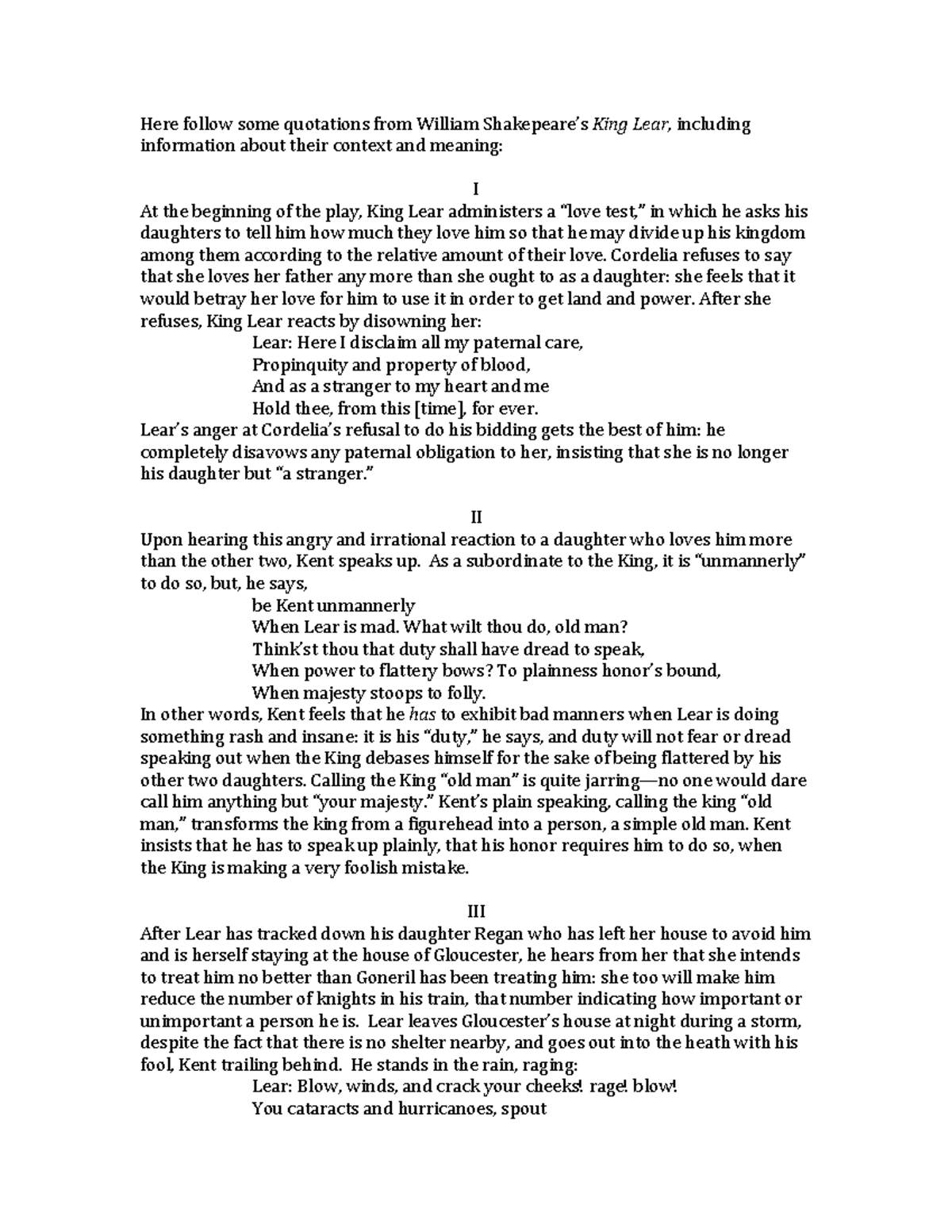 Summary King Lear - Here follow some quotations from William King Lear ...