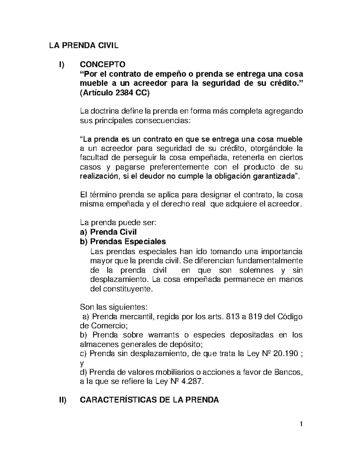 Prenda Civil - LA PRENDA CIVIL I) CONCEPTO