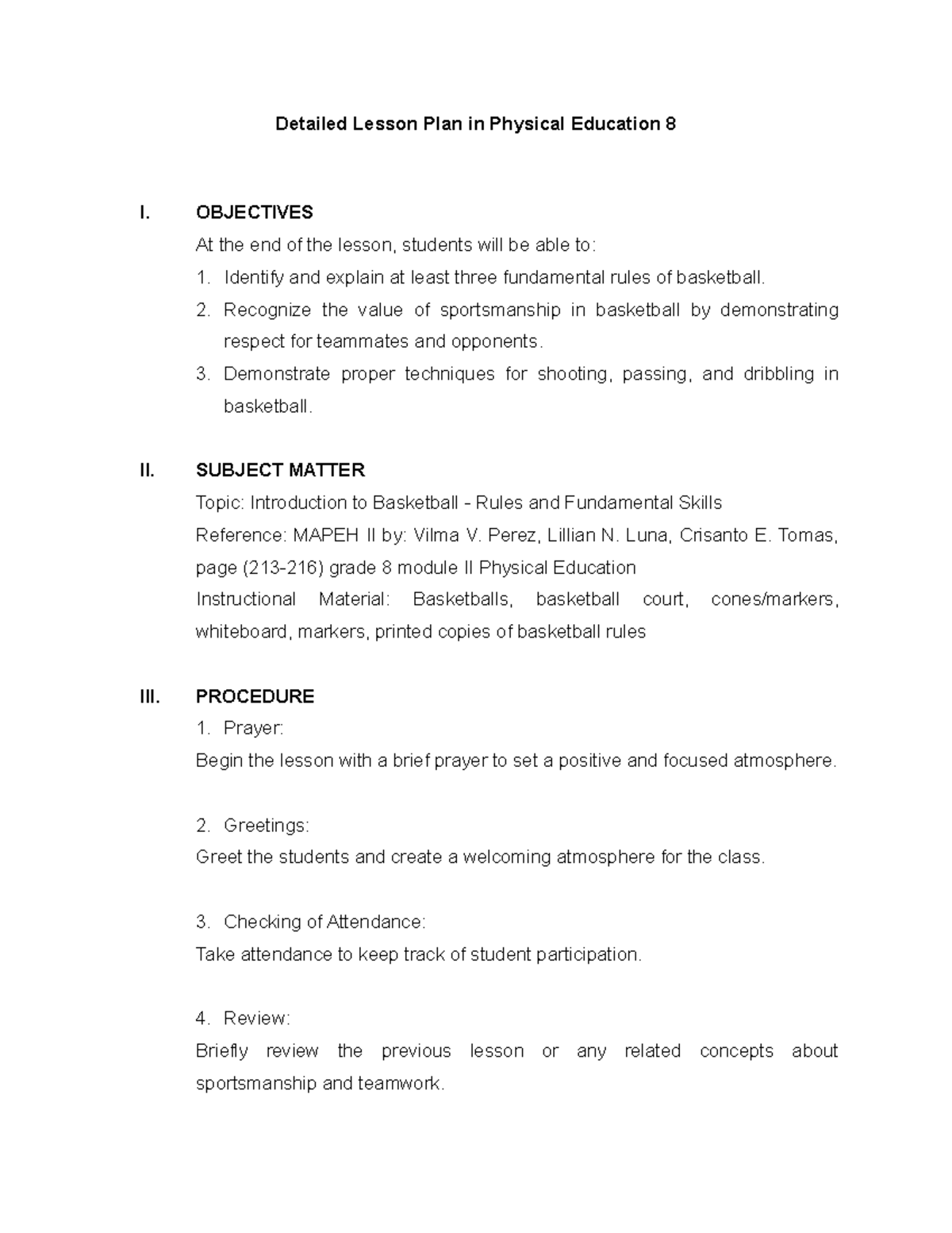 Sample Lesson Plan in Physical Education 8 - Detailed Lesson Plan in ...