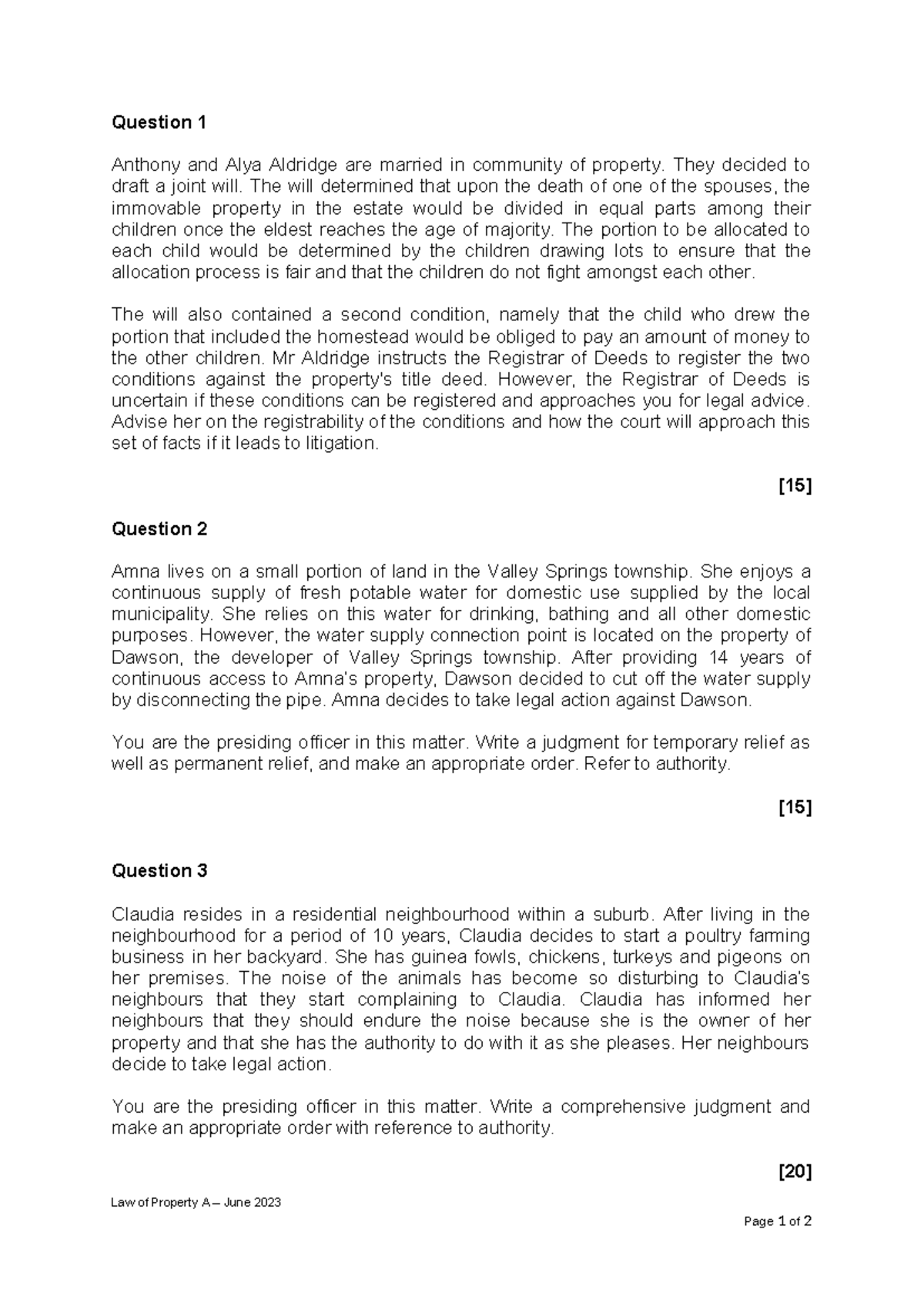 11Property A June 2023 final - Question 1 Anthony and Alya Aldridge are ...